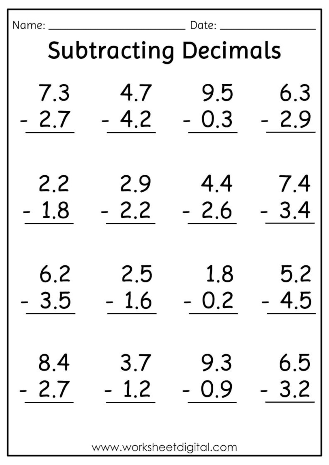Two-digit Decimal Subtraction Worksheet: Grade 1-2 Practice (PDF) - Etsy