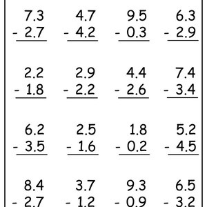 80 Two Digit Decimal Subtraction Sums, Printable Large Font, Grade 1 ...