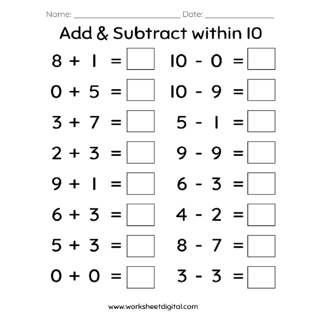 Addition & Subtraction Worksheets: Numbers to 10 (PDF) - Etsy