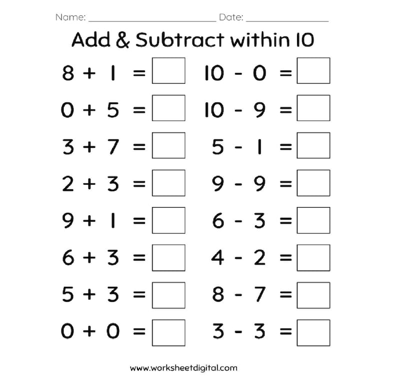 Addition & Subtraction Worksheets: Numbers to 10 (PDF) - Etsy