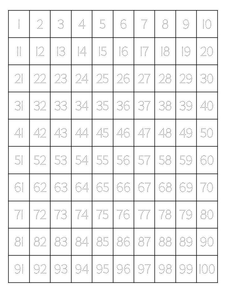 Trace Numbers 1-100 Chart: Printable Math Worksheet (PDF) - Etsy