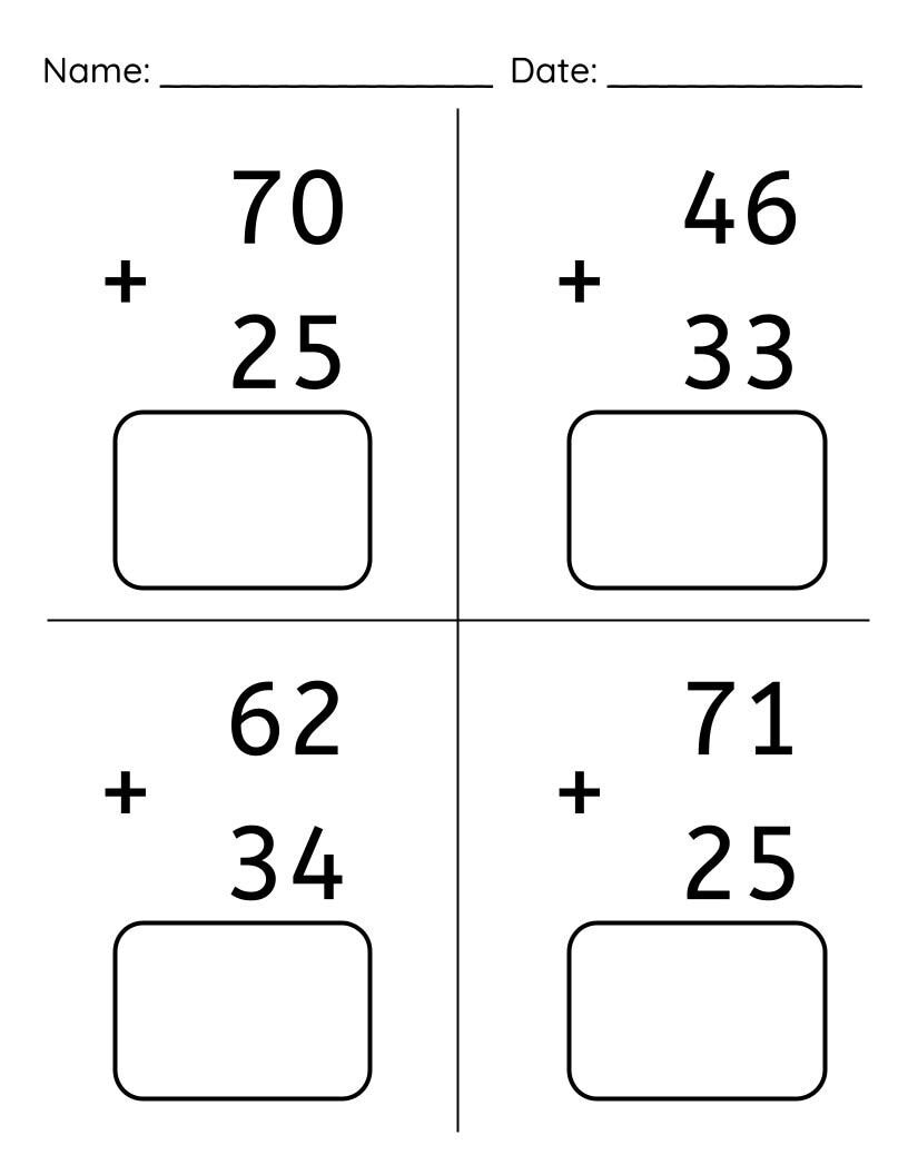 Printable Two Digit Addition No-regrouping Sums, Large Print, Grade 1 ...