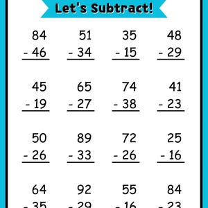 Printable Double Digit Subtraction Regrouping Sums, Grade 1 & 2, Homeschool, Revision Practice ...