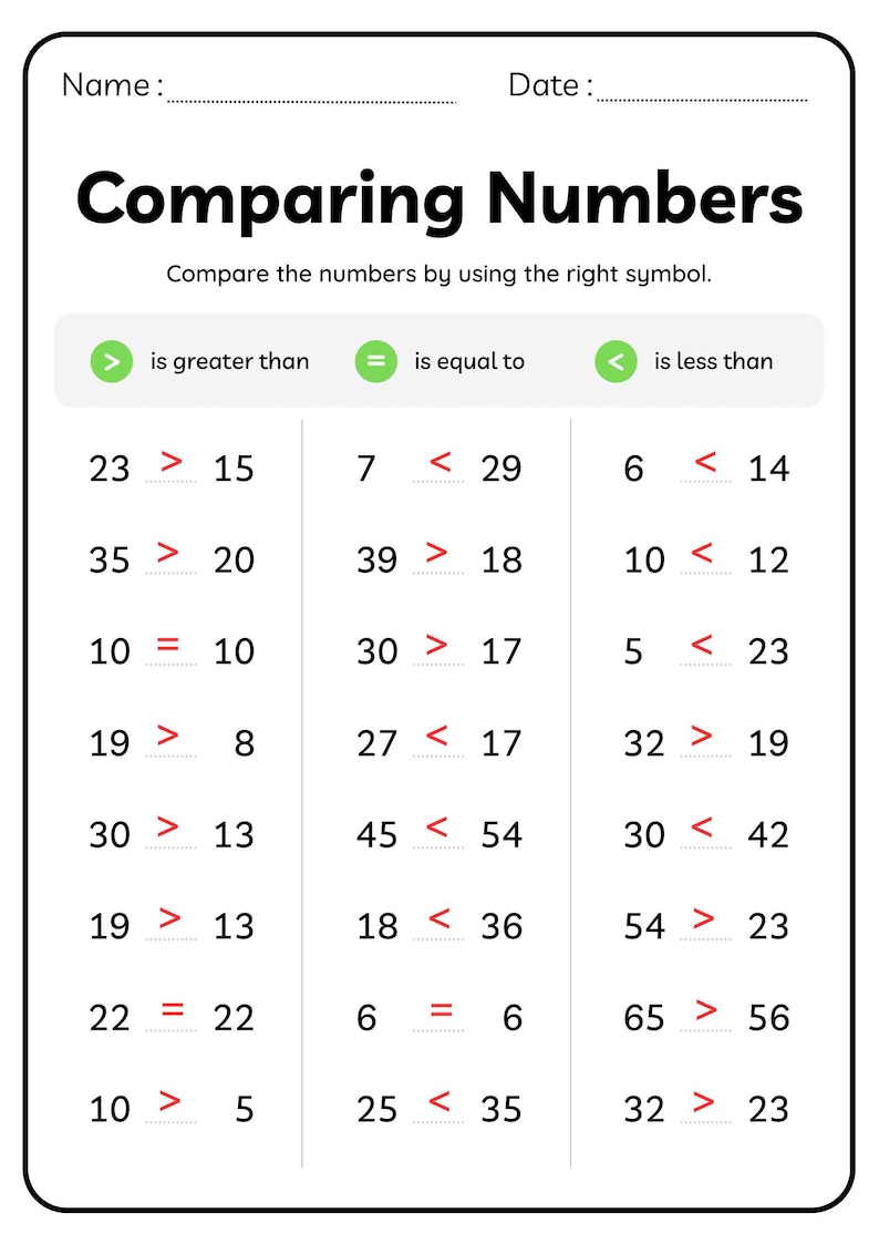 Comparing Numbers Math Worksheets for Grade 1, 2, Homework, Revision ...