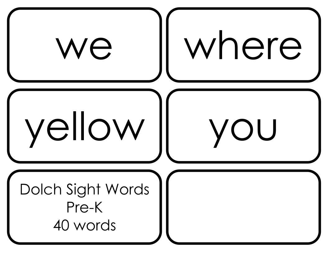 Printable Dolch Pre-kindergarten Sight Words Flashcards 40 Cards, Child ...