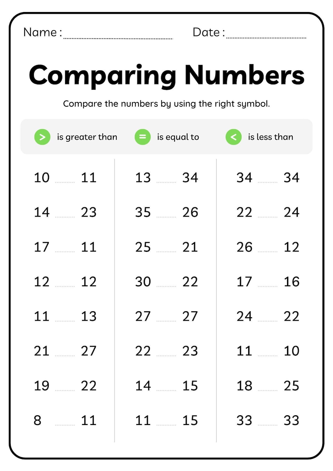 Comparing Numbers Math Worksheets for Grade 1, 2, Homework, Revision ...