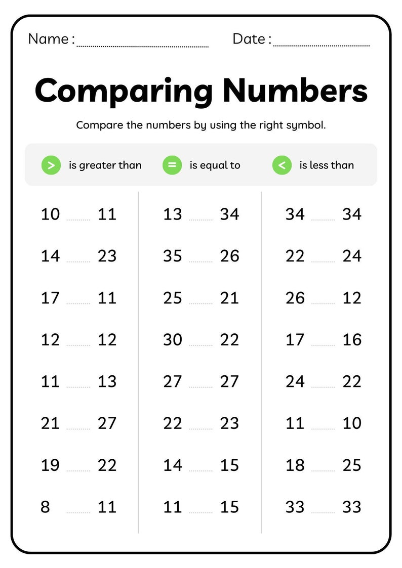 Comparing Numbers Math Worksheets for Grade 1, 2, Homework, Revision ...