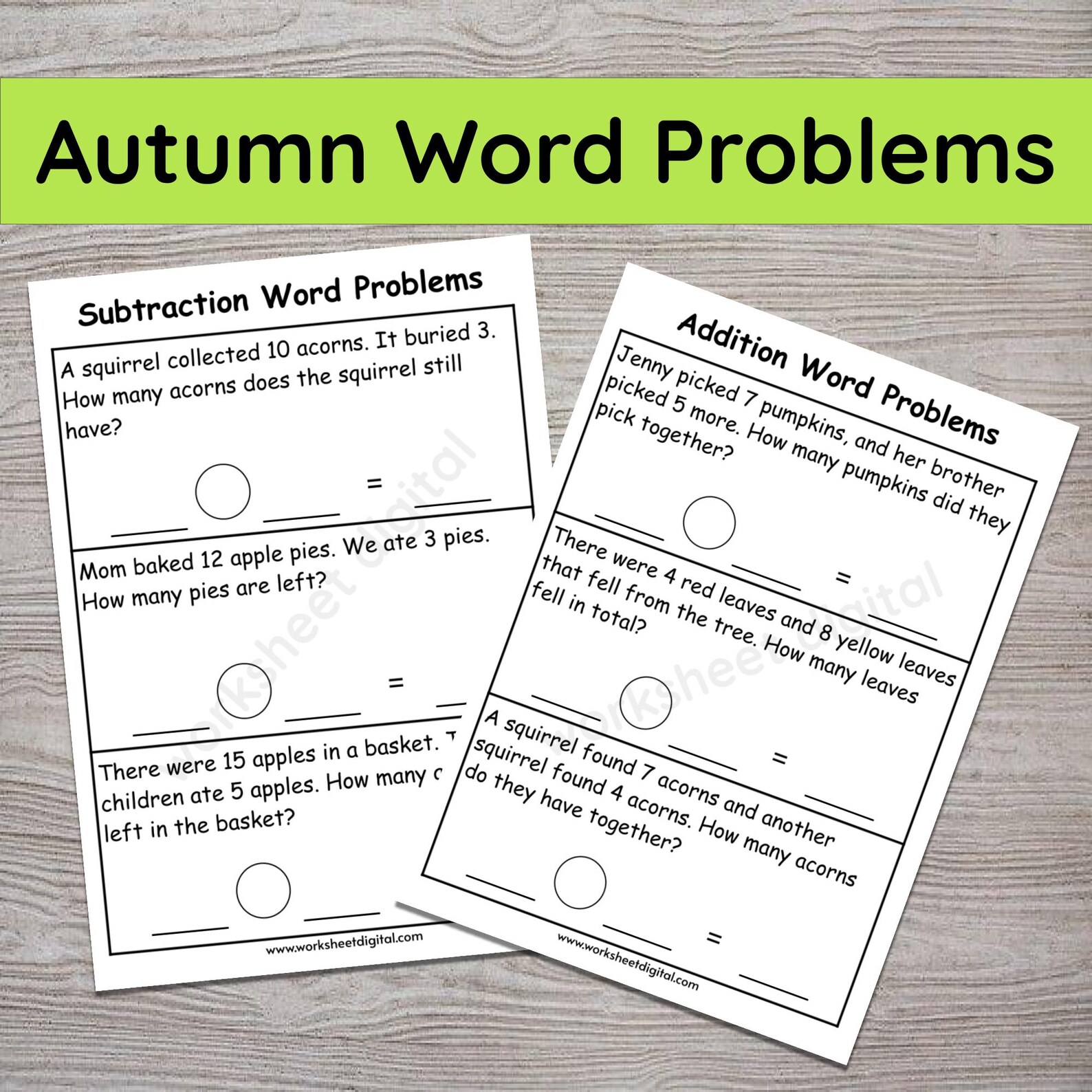 Autumn Word Problems Worksheet: 1st-2nd Grade Math (PDF) - Etsy