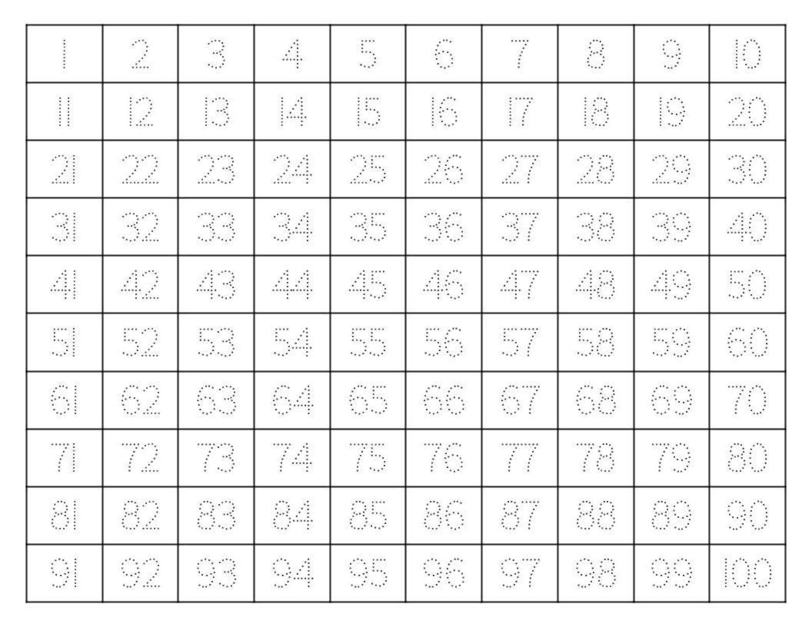 Trace Numbers 1-100 Chart: Printable Math Worksheet (PDF) - Etsy