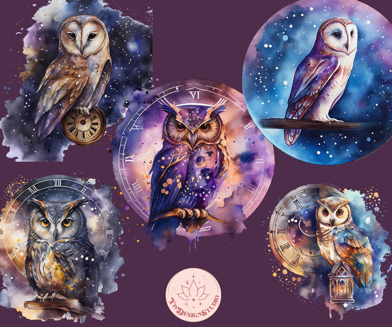 Celestial Owl Clock Clipart Owl Watercolor Png Owl - Etsy