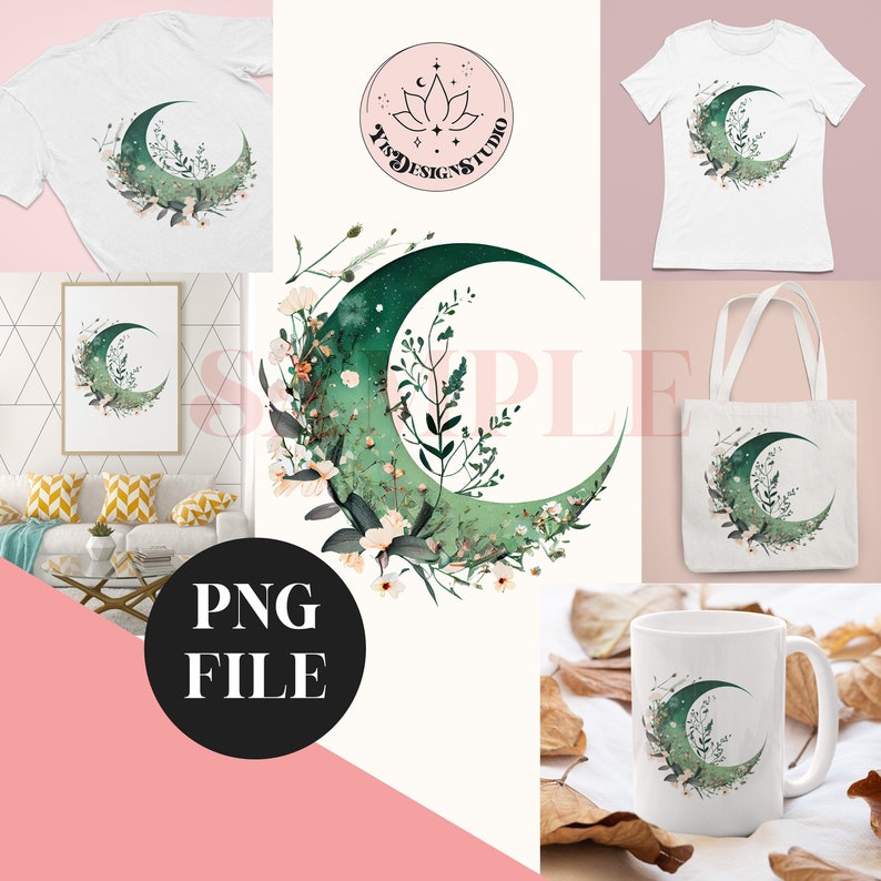 Sage Green Floral Crescent Moon PNG - Boho Sublimation (digital ...