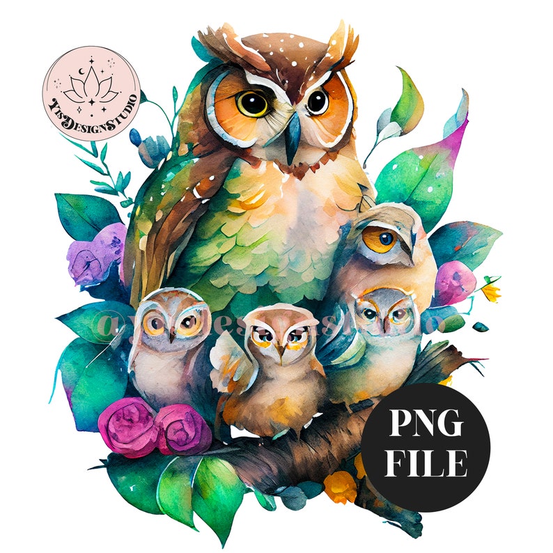Mama Owl With Babies Png Watercolor Clip Art Waterslide - Etsy