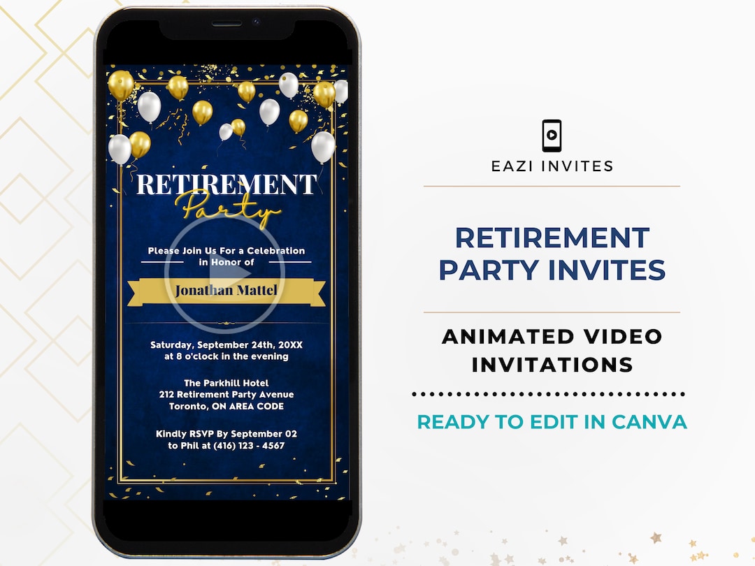 Retirement Party Video Invitation Template With Music I Blue and Gold ...