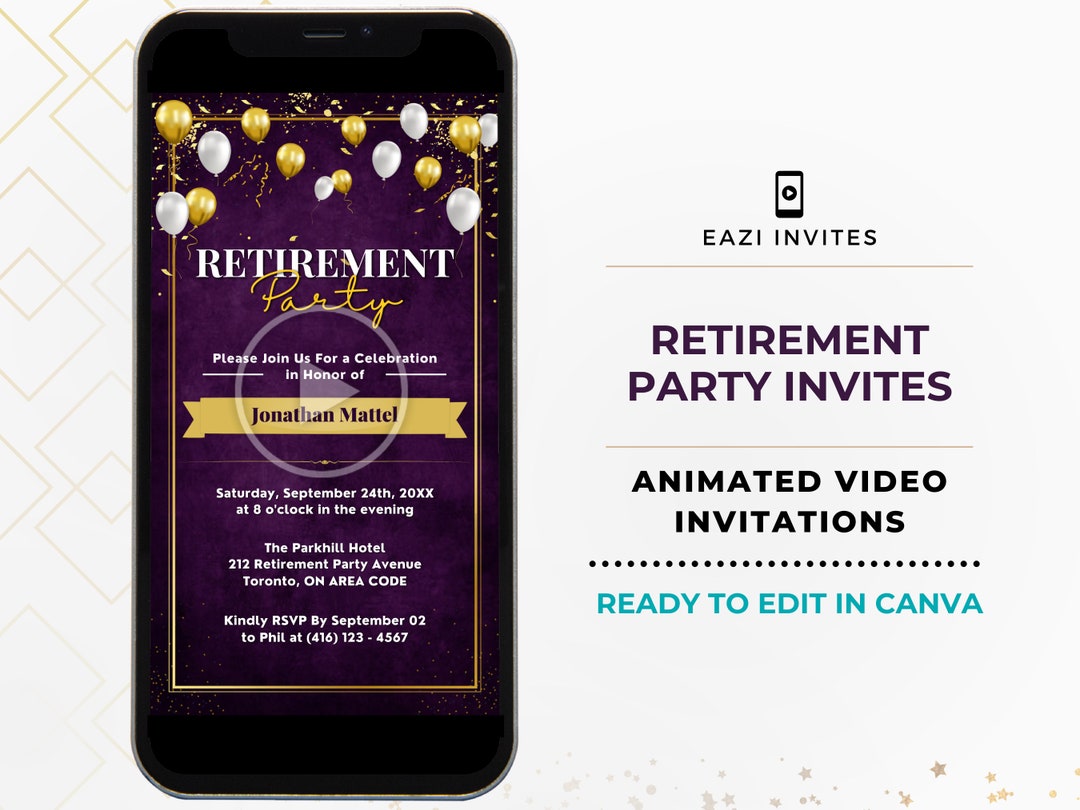 Retirement Party Video Invitation Template With Music I Purple & Gold I ...