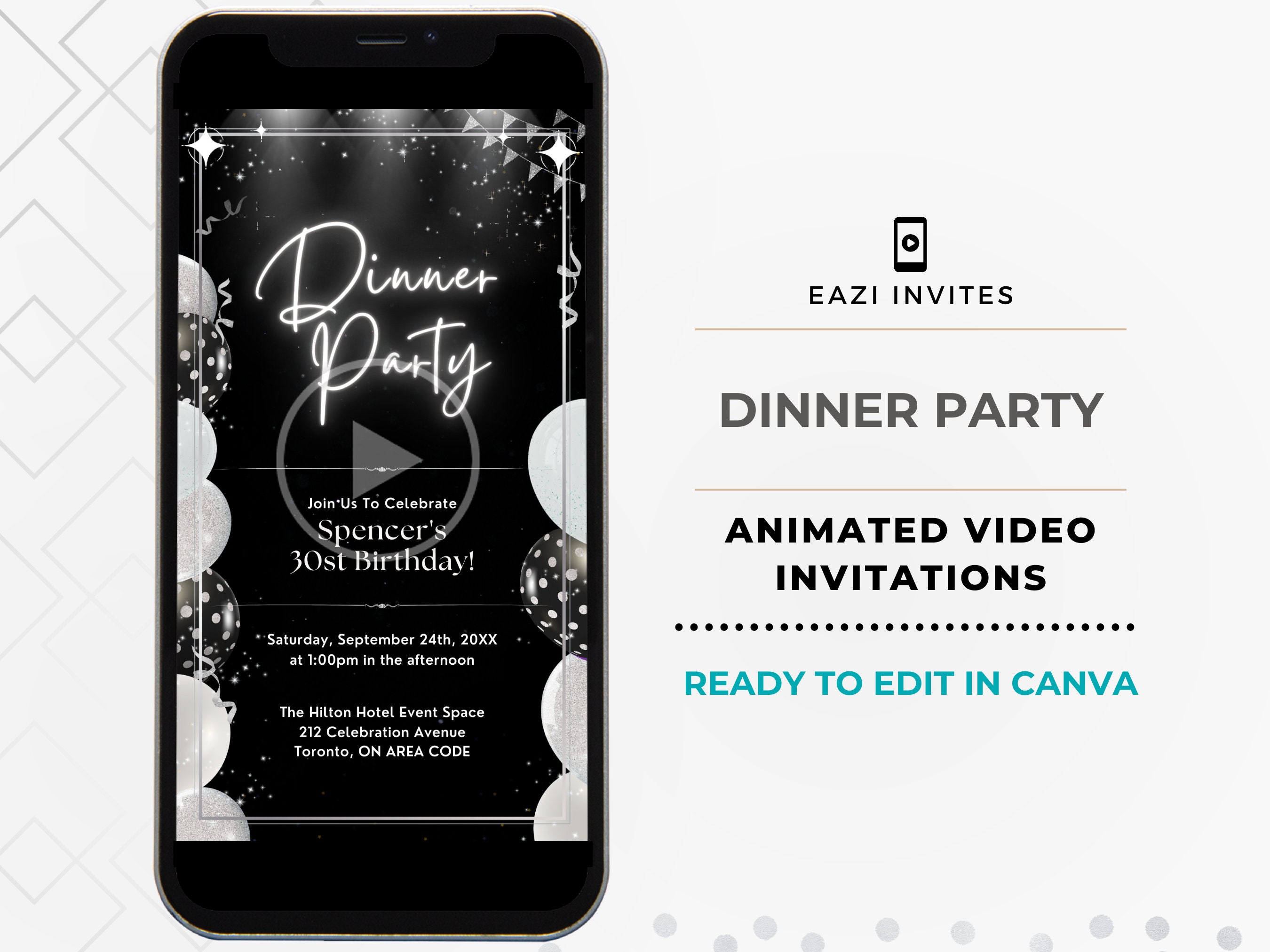 Dinner Party Invitation Video Template Black and Silver Editable ...