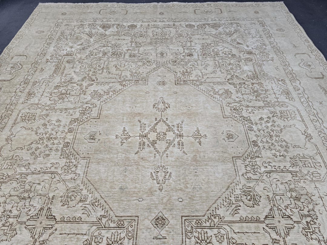 Large Heriz Wool Rug, 9.51x12.63 Feet Vintage Oushak Rug, Neutral ...