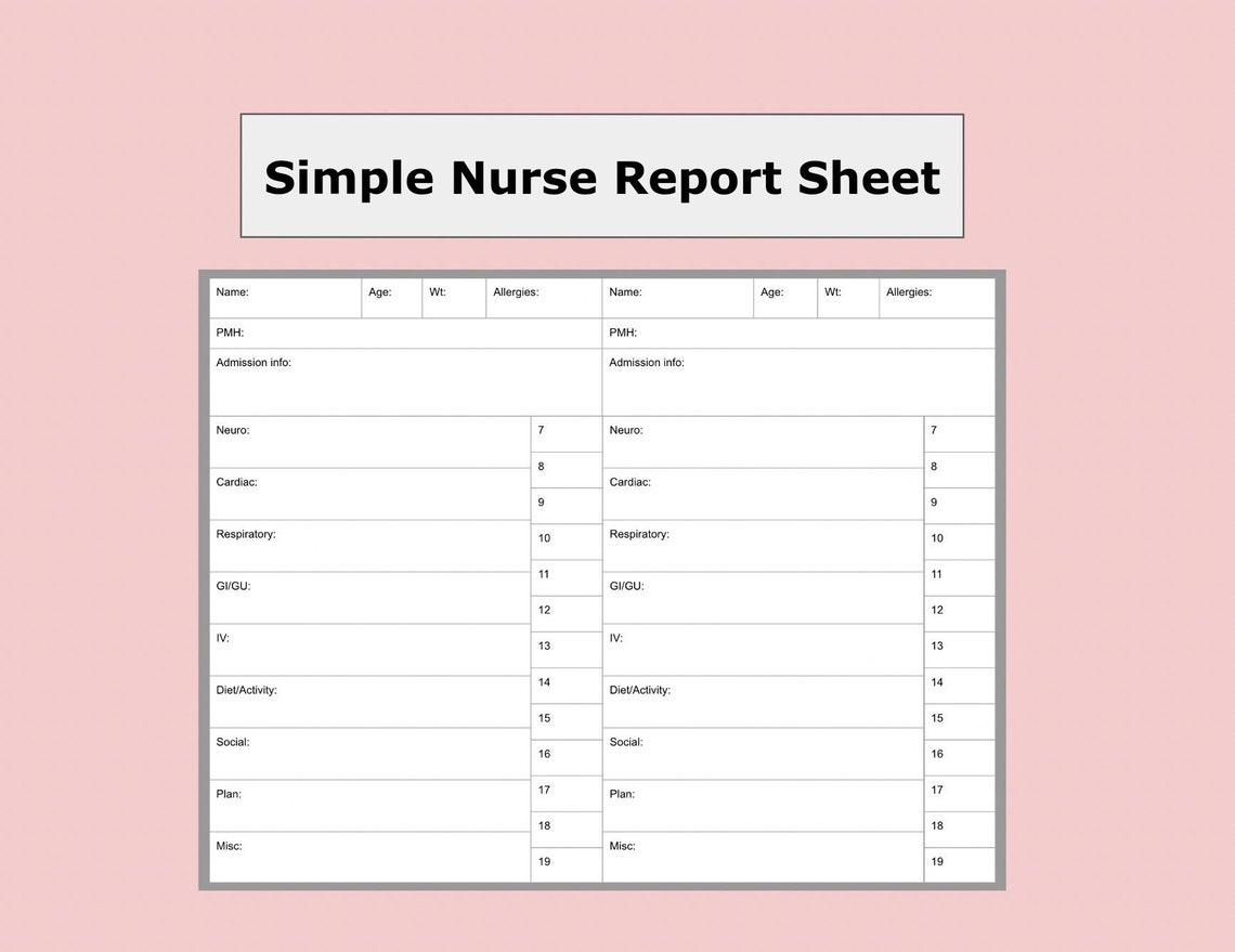 Printable Nursing Report Sheet, Nurse Report Sheet Template, PDF ...