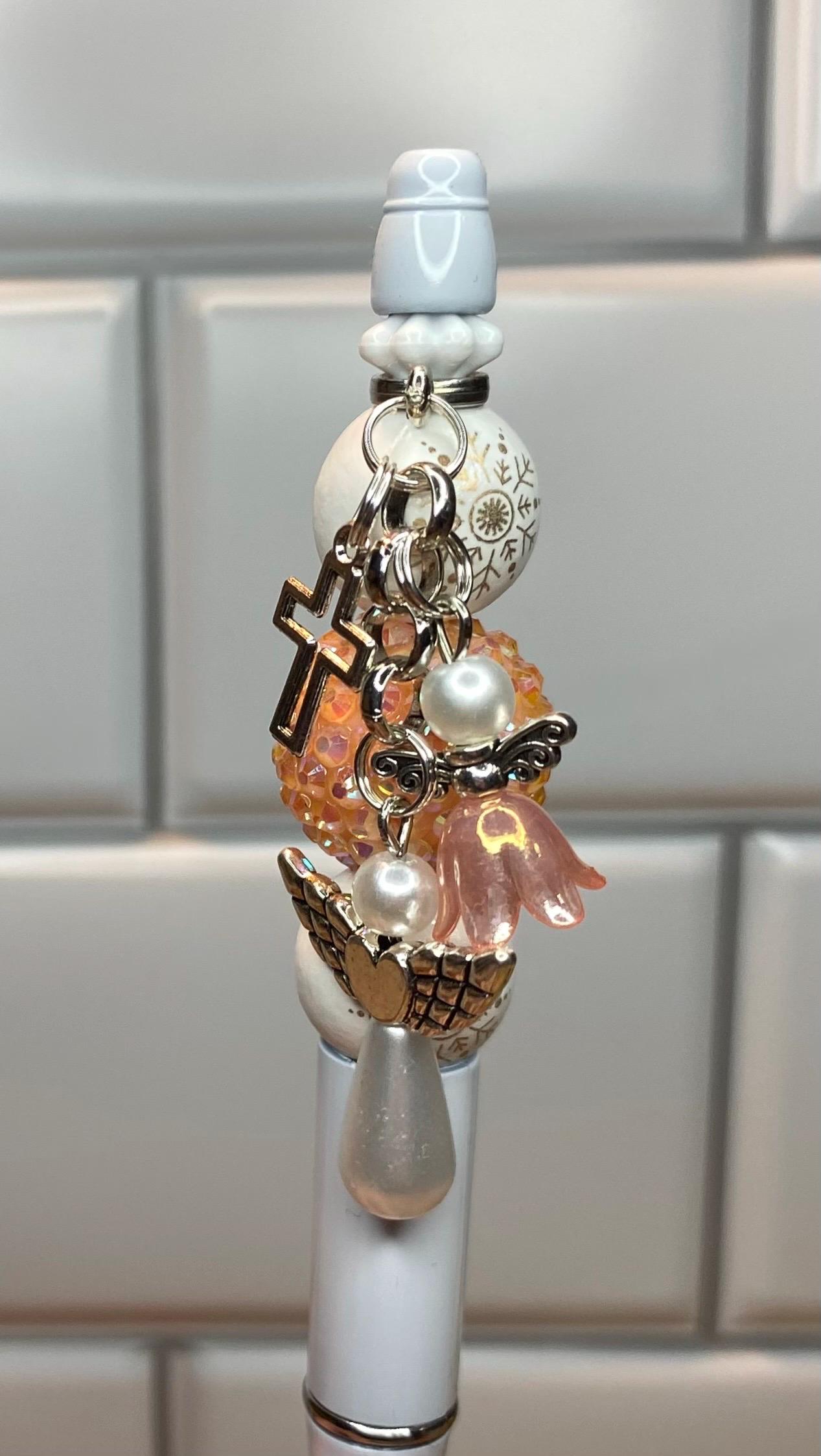 Peach and White Beaded Angel & Snowflake Christmas Pen. Angel and Cross ...