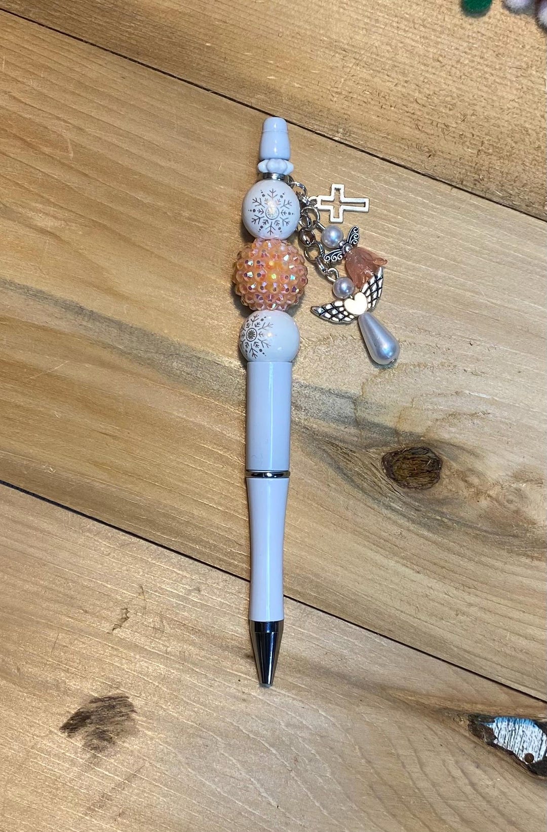 Peach and White Beaded Angel & Snowflake Christmas Pen. Angel and Cross ...