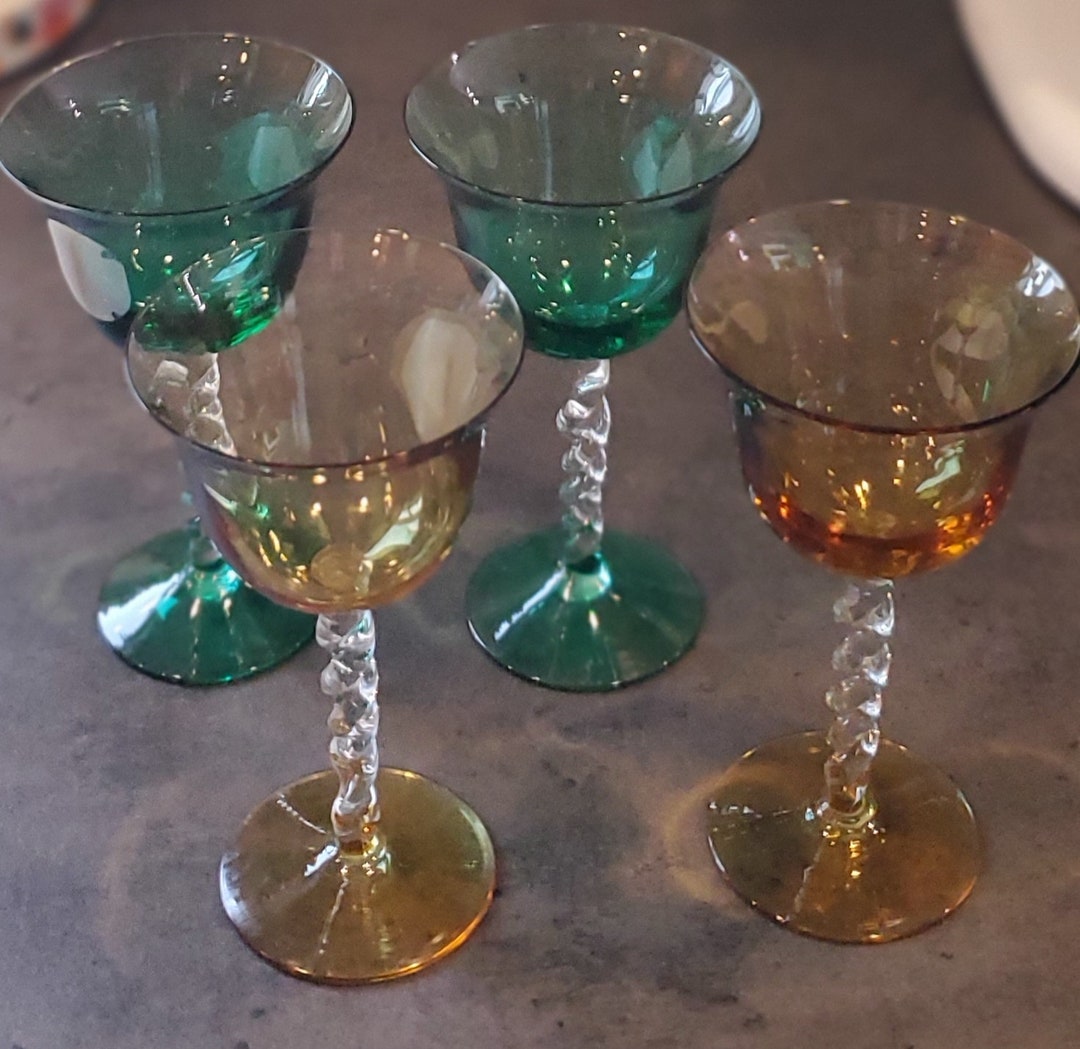 Colored Stemware / Set of 4 Vintage MC Tulip Green & Gold Wine Glasses ...