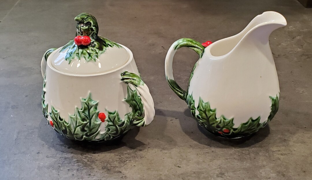 Lefton White Holly Berry Creamer Sugar Bowl Set Vintage - Etsy