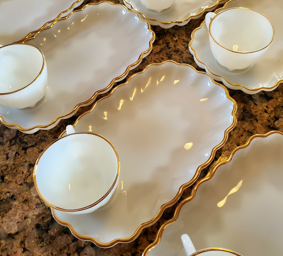 Luncheon Set Fire King by Anchor Hocking White Milk Glass With 22kt ...