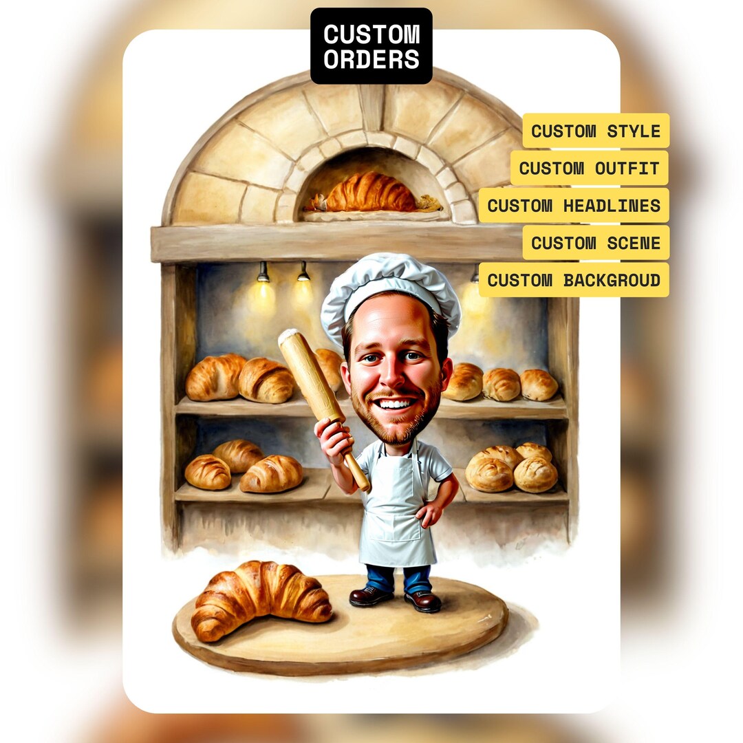 Baker Gift, Custom Caricature Portrait From Your Photo, Bread Maker ...
