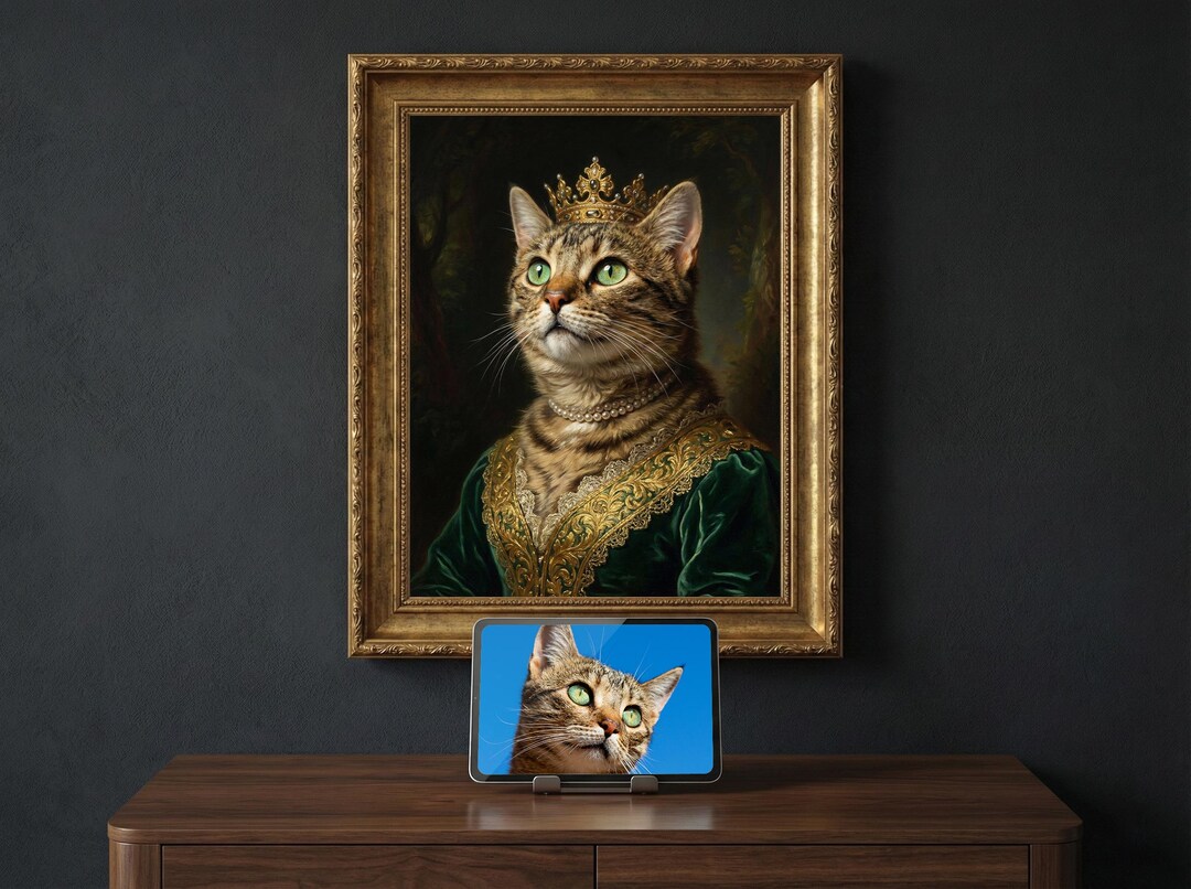Custom Royal Tabby Cat Portrait | Brown Spotted Tabby Art | Green Dress ...