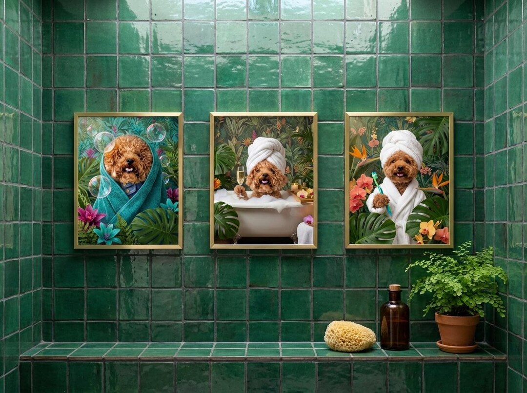 Funny Red Toy Poodle Bathroom Art | Tropical Botanical Dog Spa Decor ...