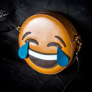 Emoji Leather Bag Pattern, Funny Purse, LOL Round Bag, Ha-ha Emoticon ...