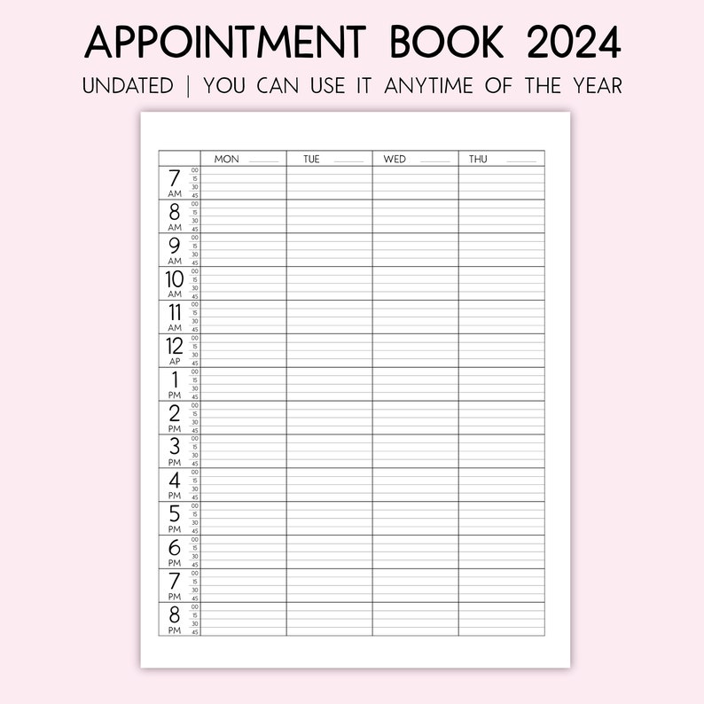 2024 Appointment Book Printable Appointment Tracker 15 Minute Intervals ...