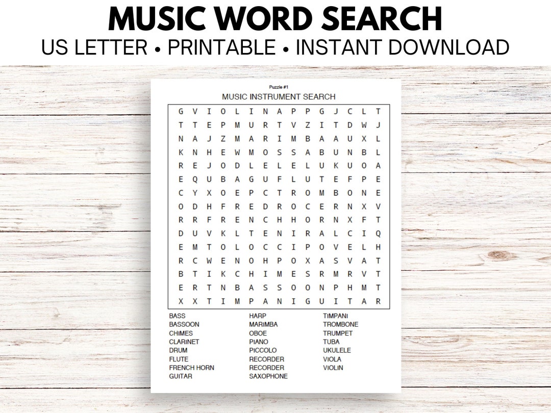 Music Instruments Word Search Worksheet PDF - Etsy