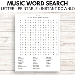 Music Instruments Word Search Worksheet PDF - Etsy