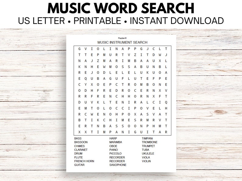 Music Instruments Word Search Worksheet PDF - Etsy