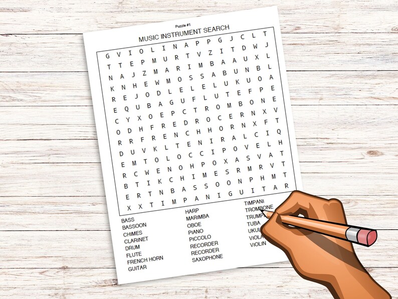 Music Instruments Word Search Worksheet PDF - Etsy