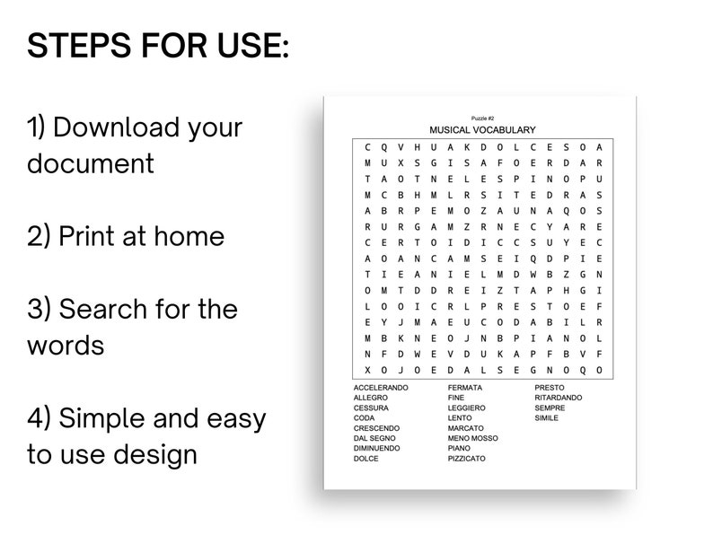 Music Vocabulary Word Search Worksheet PDF - Etsy