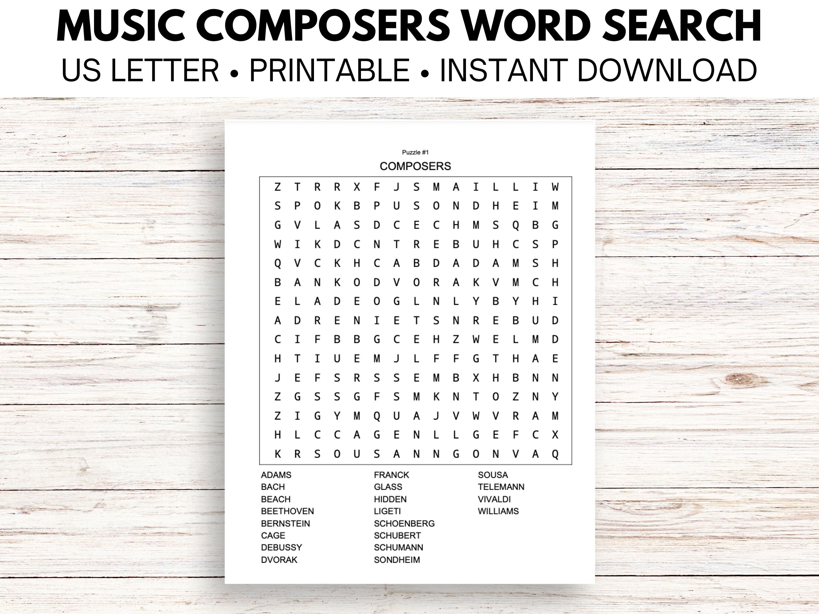 Music Composers Word Search Worksheet PDF - Etsy