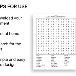 Music Instruments Word Search Worksheet PDF - Etsy