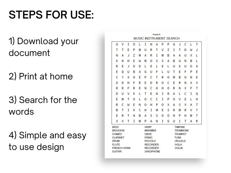 Music Instruments Word Search Worksheet PDF - Etsy