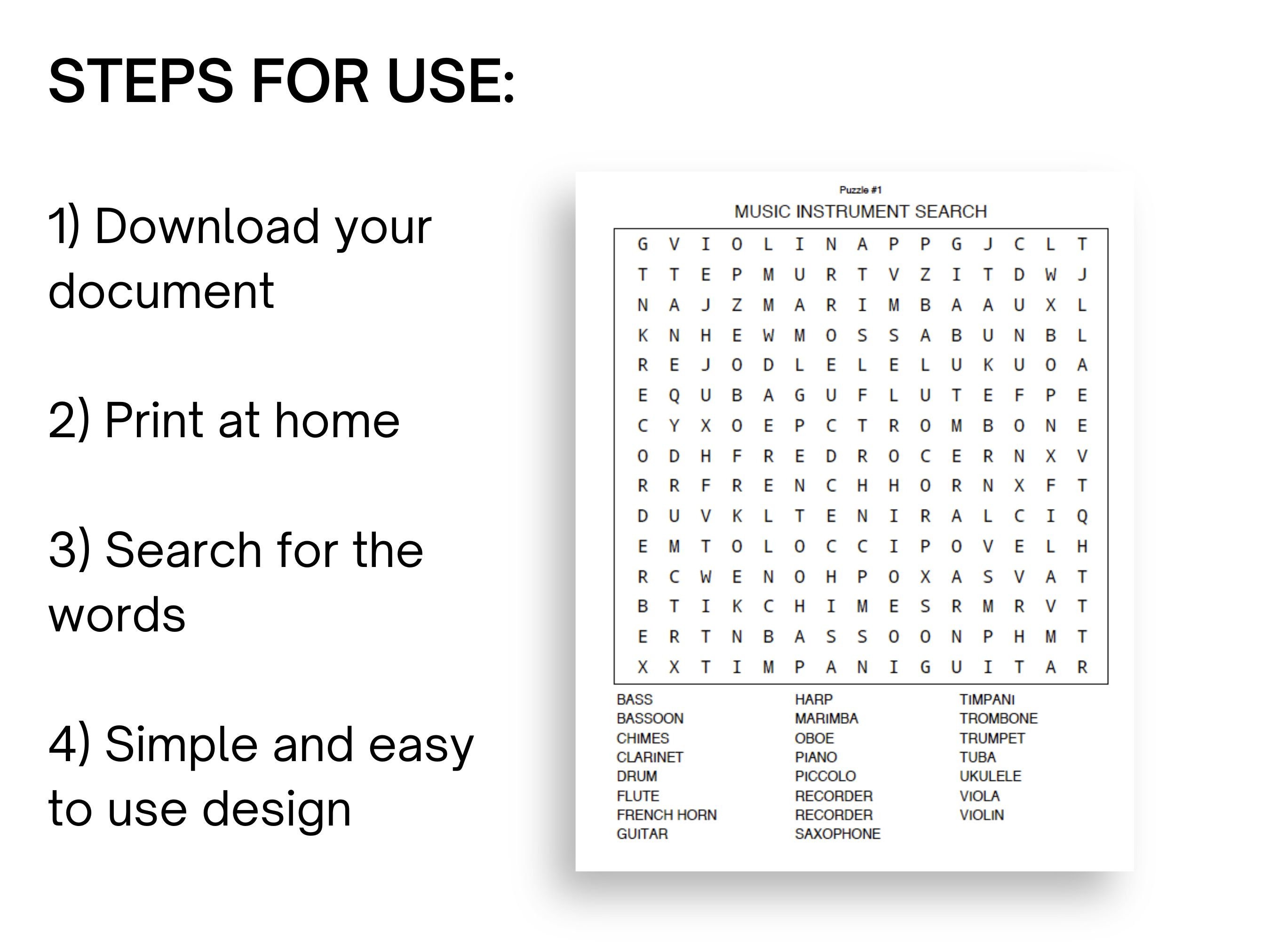 Music Instruments Word Search Worksheet PDF - Etsy