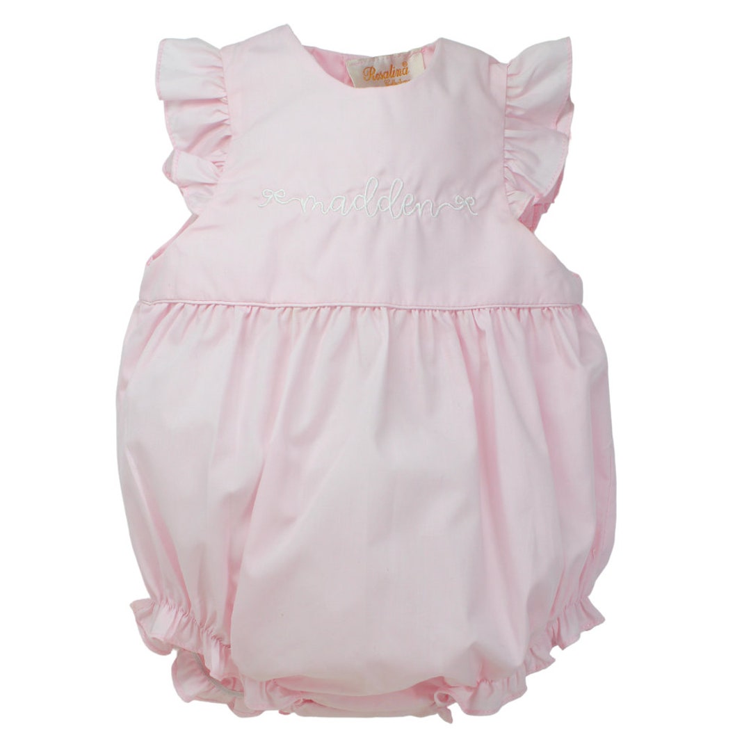 Baby Girls Pink Summer Romper Woven Angel Wing Sleeves, Personalized ...
