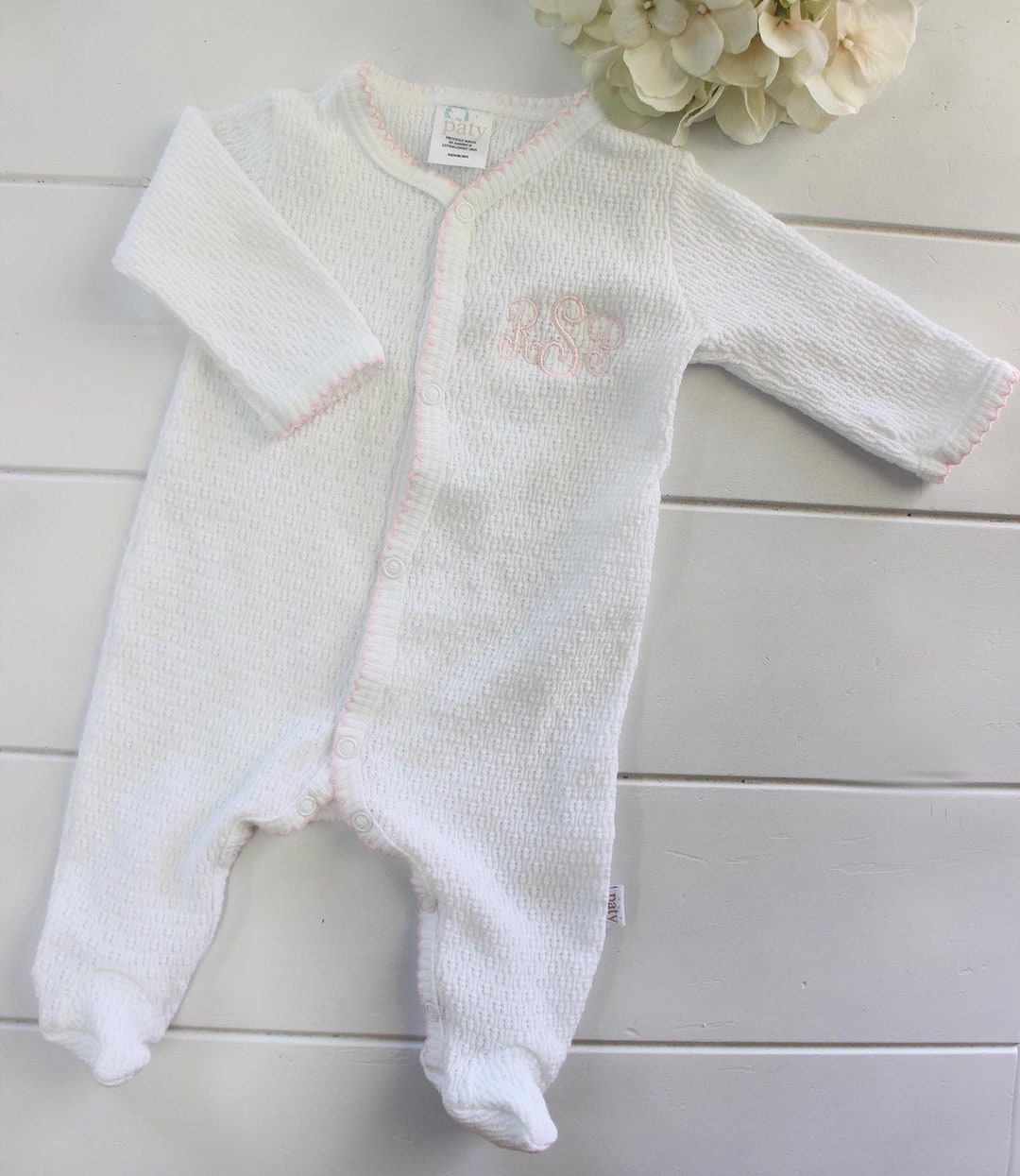 Paty Girls Footed Sleeper, Baby Girls White Footie Pink Trim, Monogram ...