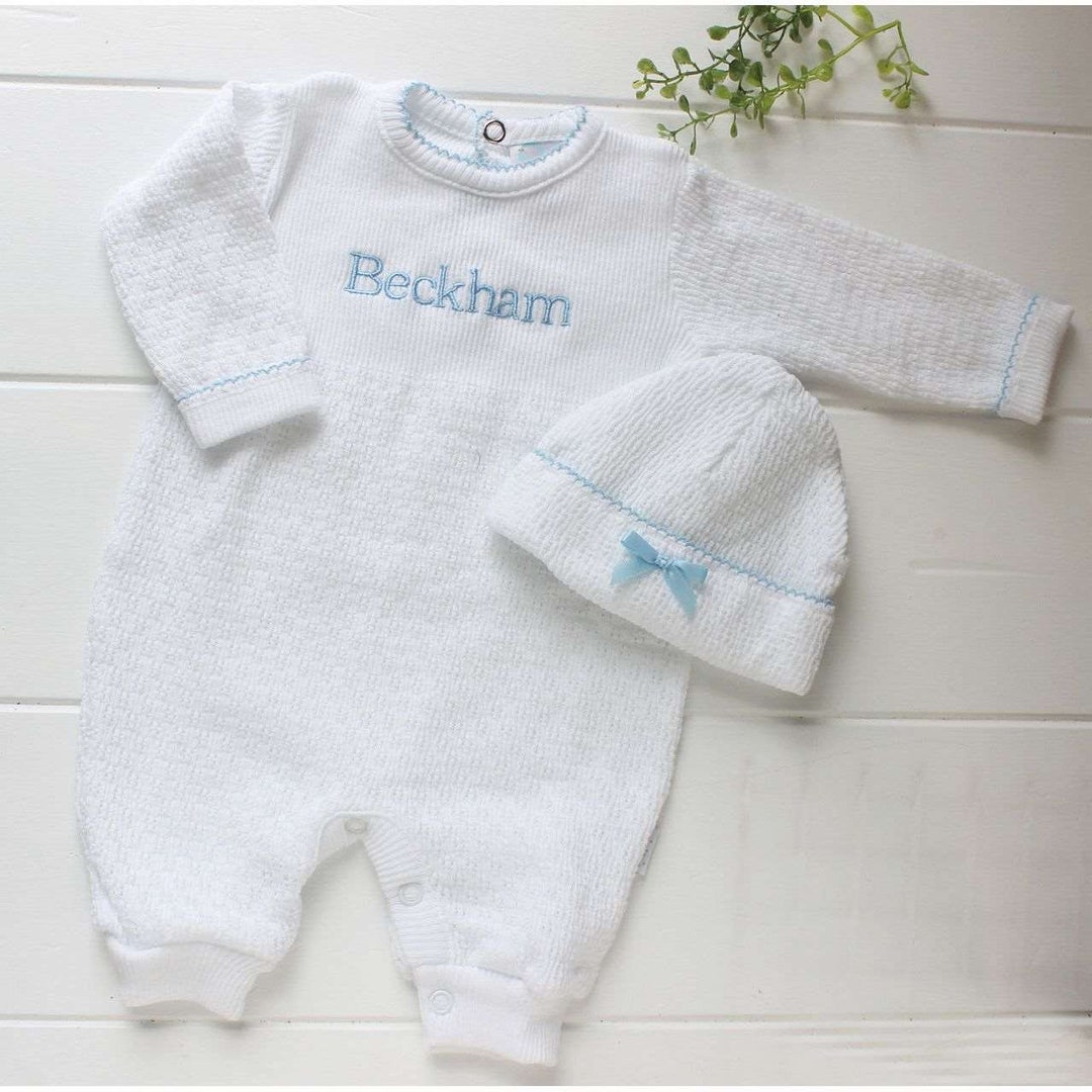 Paty Inc Baby Boys Romper White Blue Trim, Coming Home Knitted Layette ...