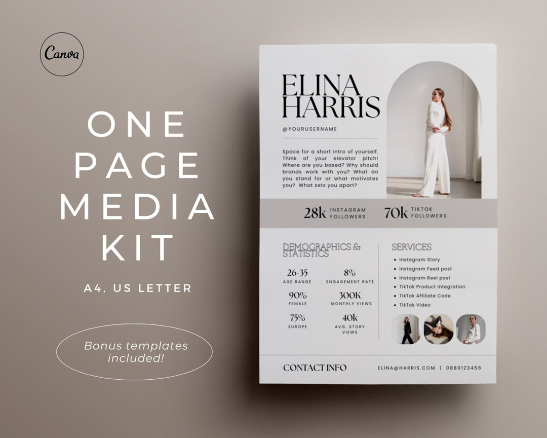 One Page Media Kit Template, Media Kit for Influencers, Media Kit Canva, Influencer Media Kit ...