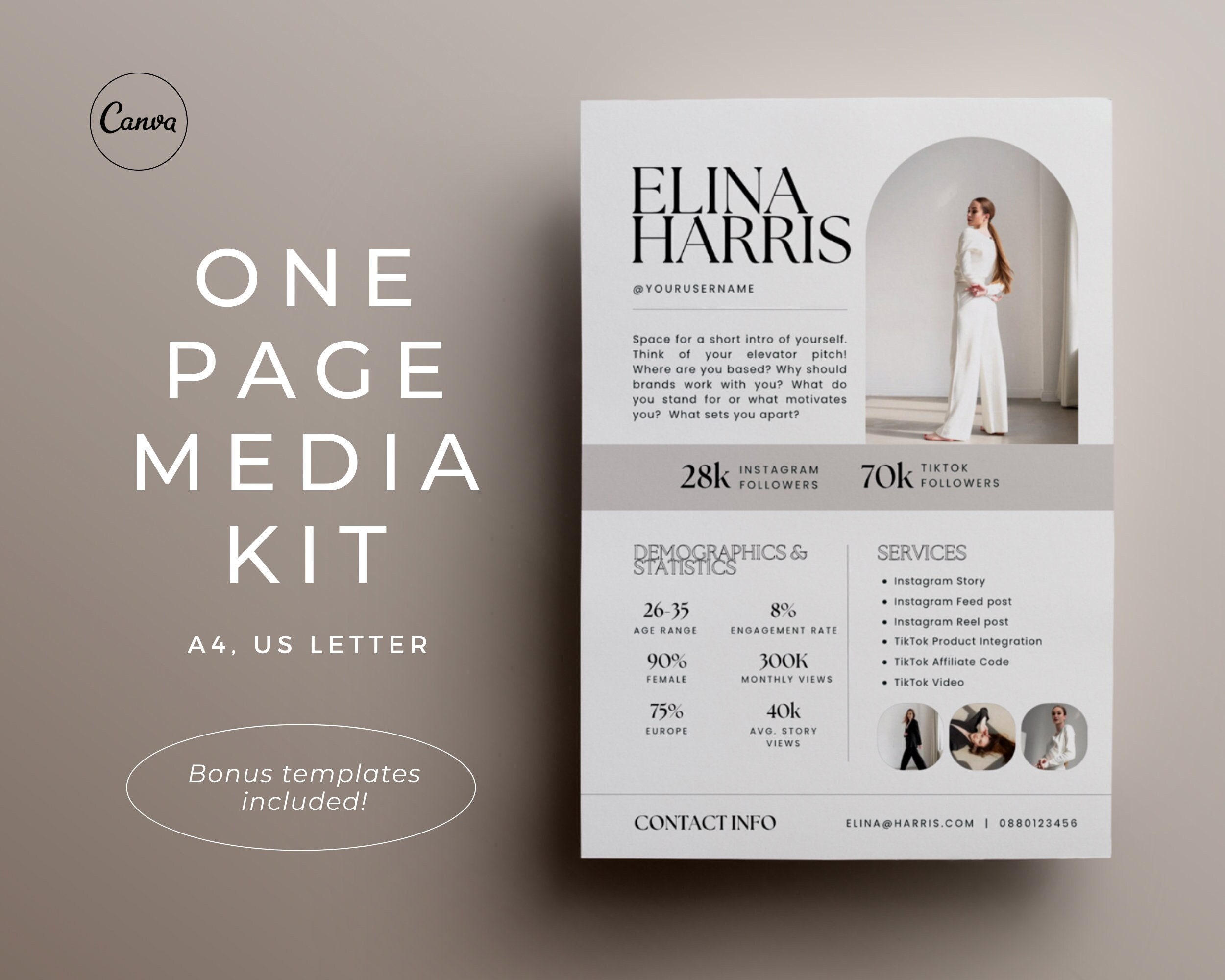One Page Media Kit Template, Media Kit for Influencers, Media Kit Canva ...