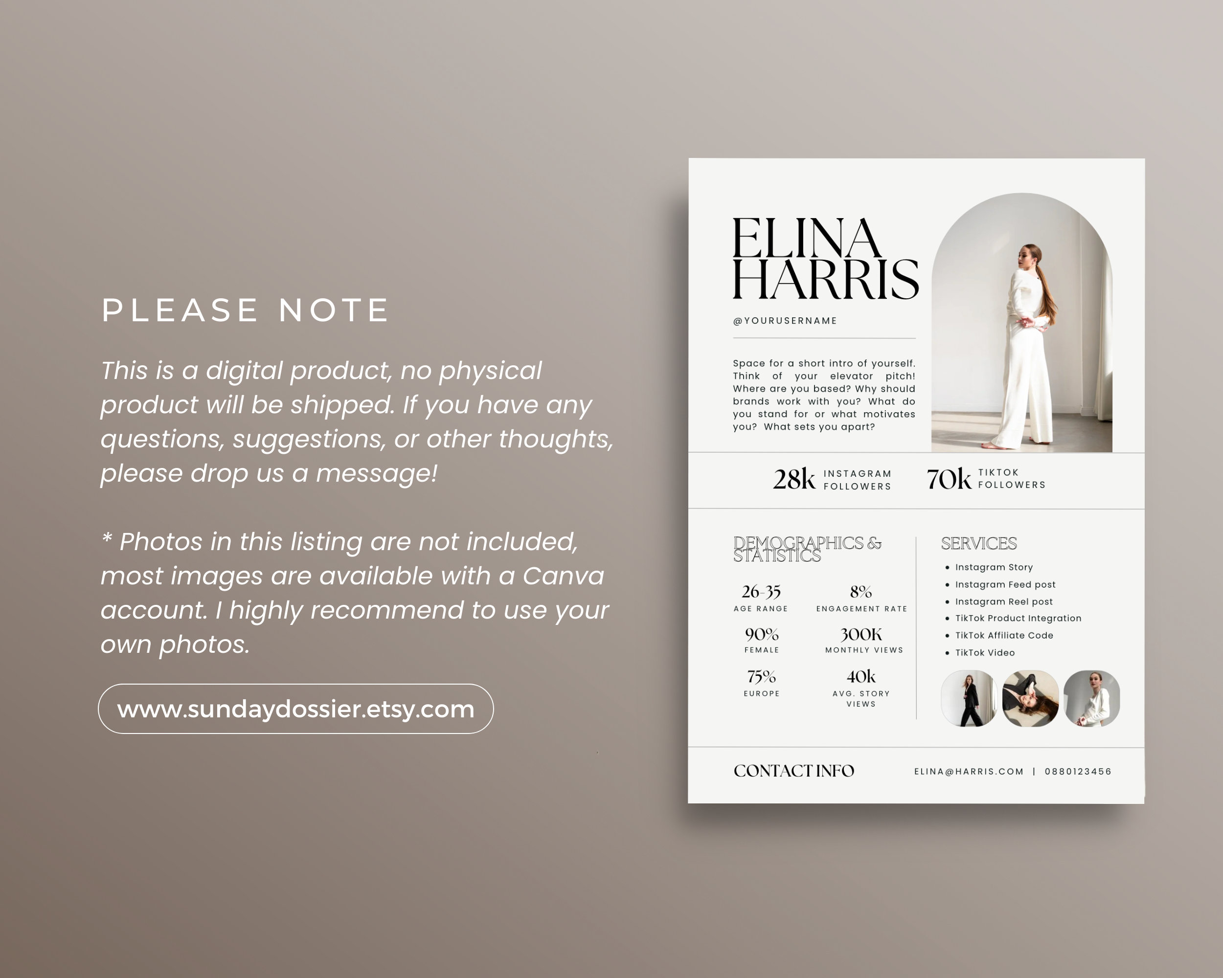 One Page Media Kit Template, Media Kit for Influencers, Media Kit Canva ...