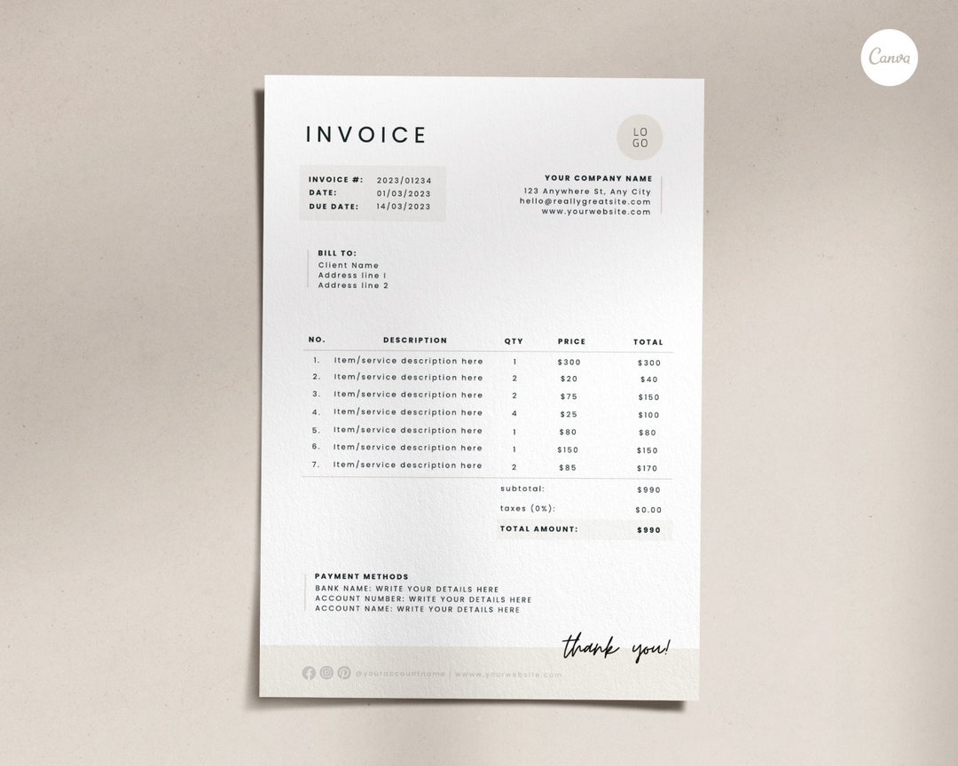 Invoice Template, Invoice Canva Template, Minimal Invoice Template ...