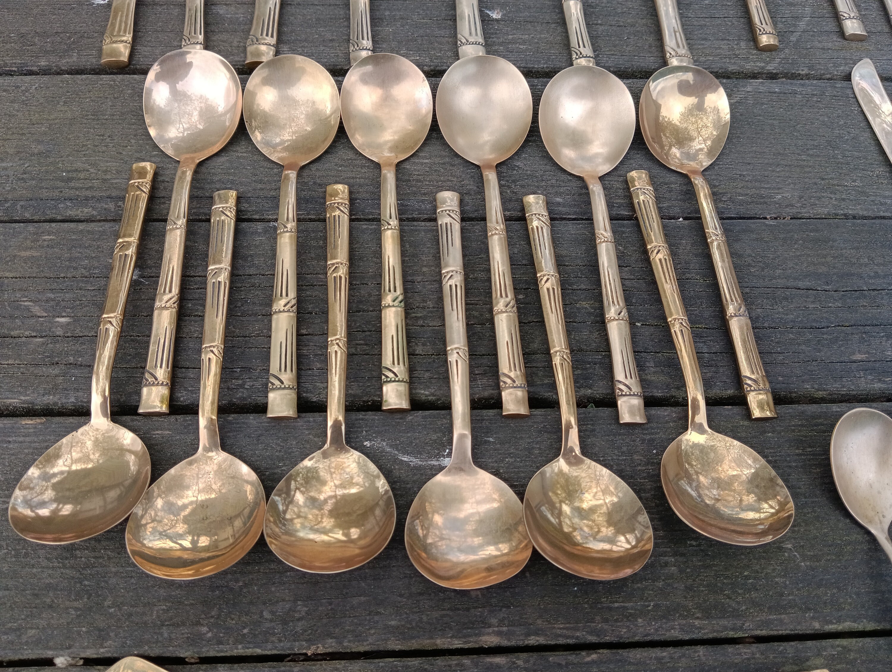 Vintage Thai Brass Flatware Set – Service for 6 – Bamboo Handle Cutlery ...