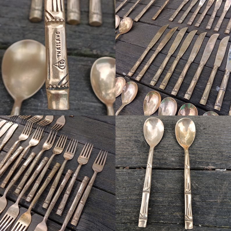 Vintage Thai Brass Flatware Set – Service for 6 – Bamboo Handle Cutlery ...
