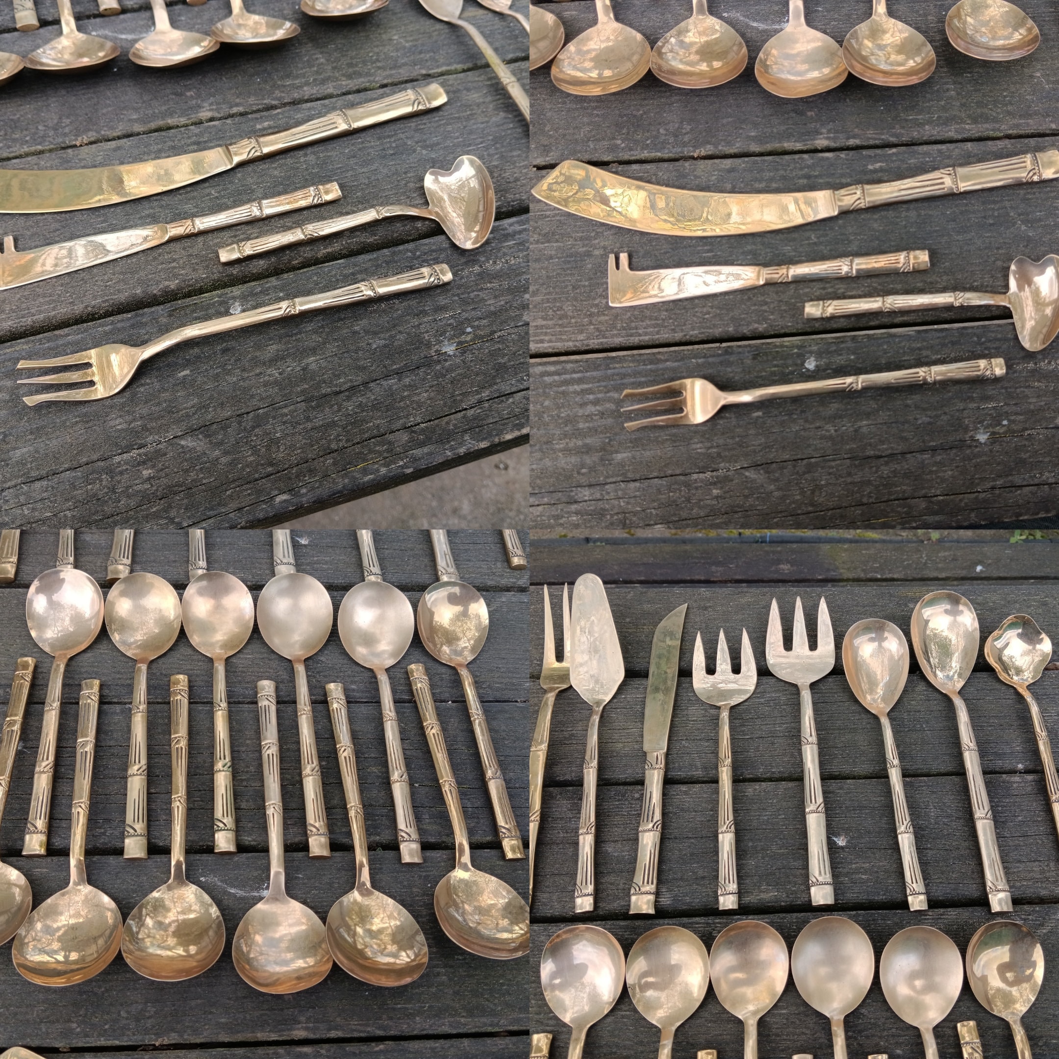 Vintage Thai Brass Flatware Set – Service for 6 – Bamboo Handle Cutlery ...